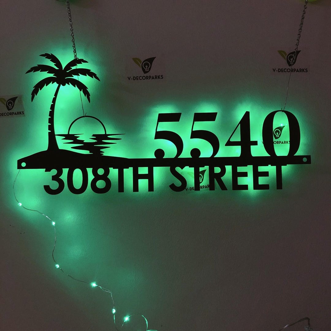 Custom Palm Tree House Number Metal LED Decor, Tropical Beach Sign ...