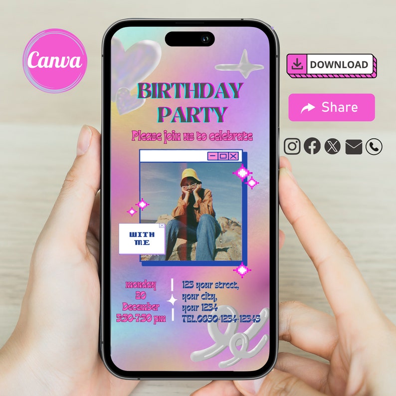 Y2k Party Invitation, 2000s Theme Birthday Invite, Template, Instant Download, 21st 30th Bday ...