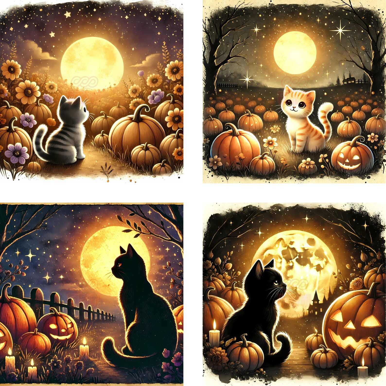 Watercolor Full Moon Cat Clipart,14 High Quality Jpg,full Moon Kitten ...
