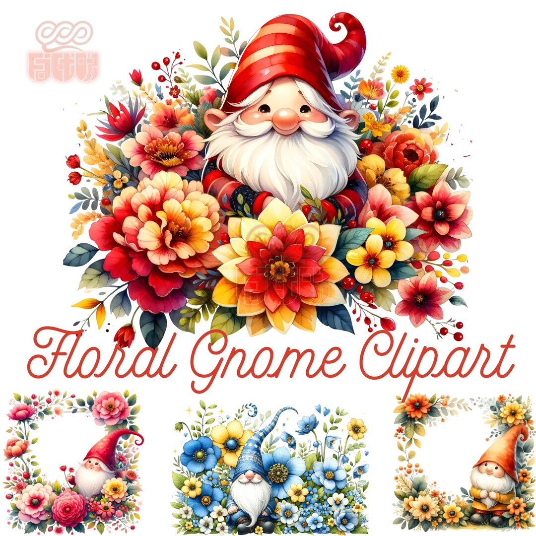 Floral Gnome Clipart, Gnome Clipart Border, Gnome Clipart, Clip Art ...