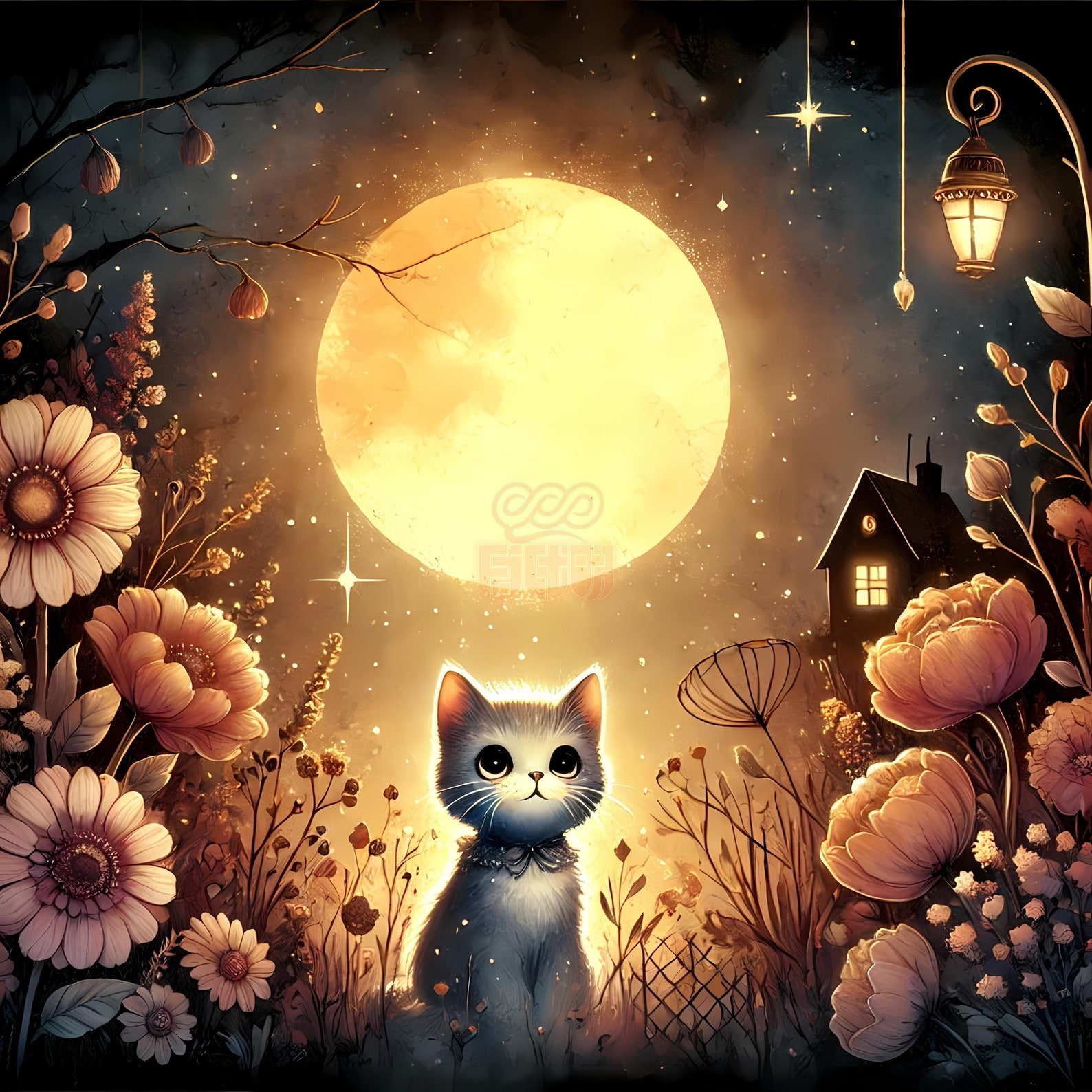 Watercolor Full Moon Cat Clipart,14 High Quality Jpg,full Moon Kitten ...