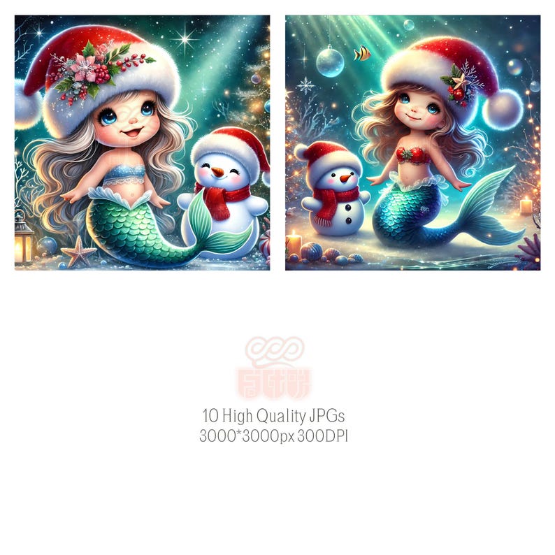 Watercolor Christmas Mermaid Clipart,10 High Quality Jpgs,cute Mermaid ...