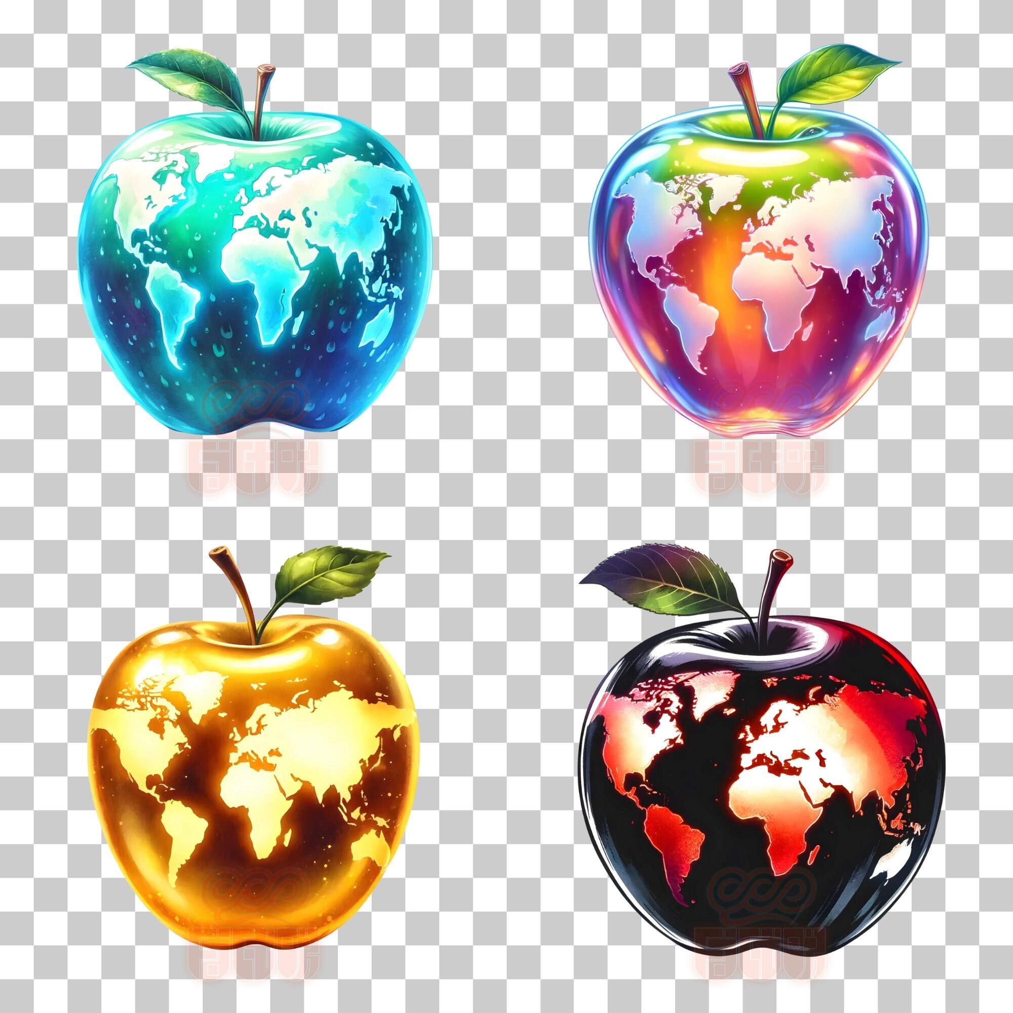 Watercolor Apple World Map Clipart, 12 High Quality Pngs, Apple World ...