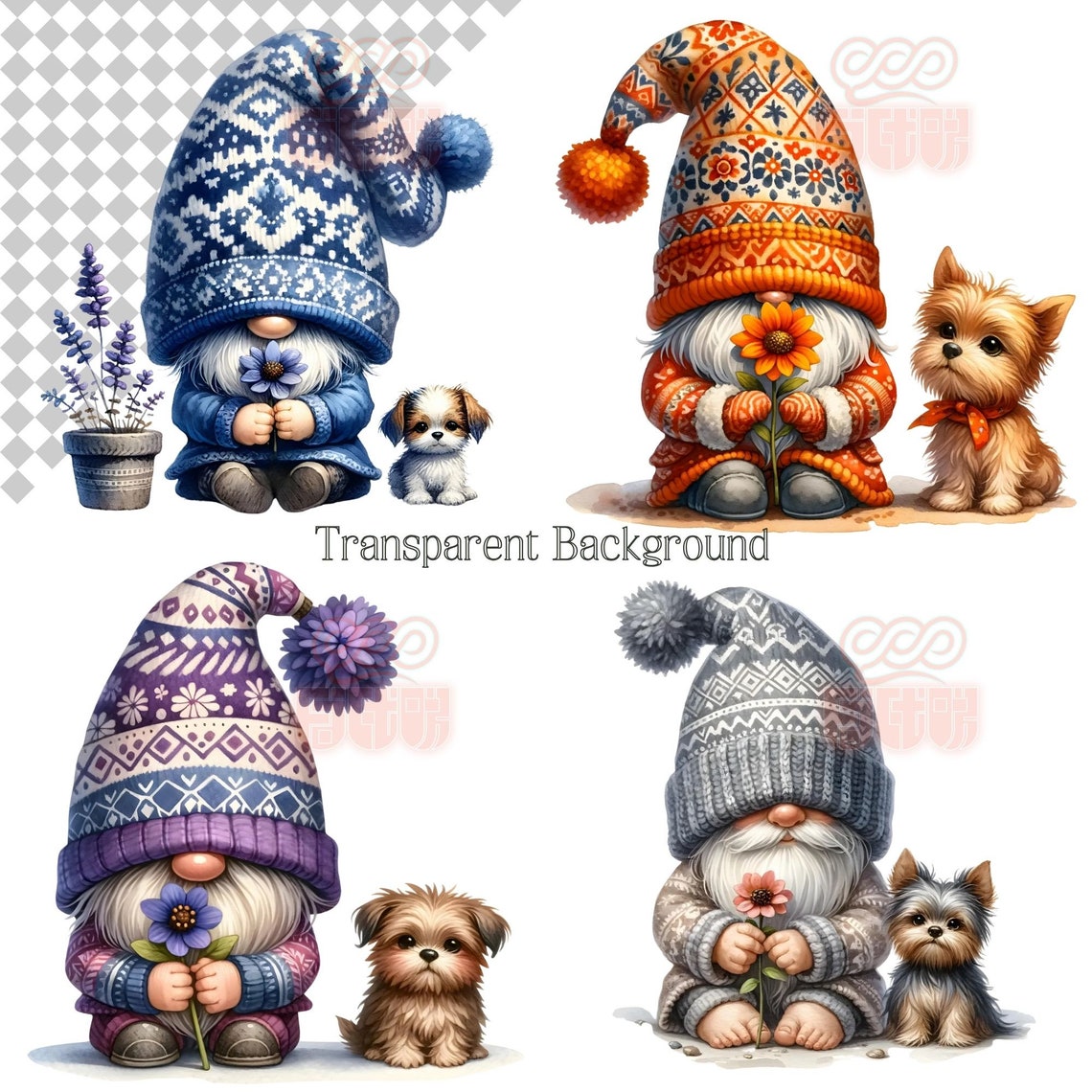 Flower Dog Gnome Clipart, 16 High Quality PNG, Watercolor Gnome Clipart ...