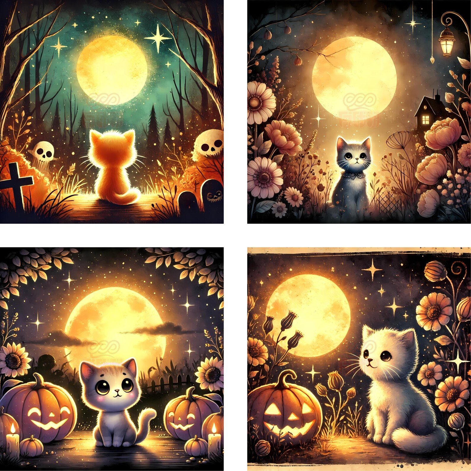 Watercolor Full Moon Cat Clipart,14 High Quality Jpg,full Moon Kitten ...