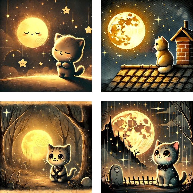 Watercolor Full Moon Cat Clipart,14 High Quality Jpg,full Moon Kitten ...