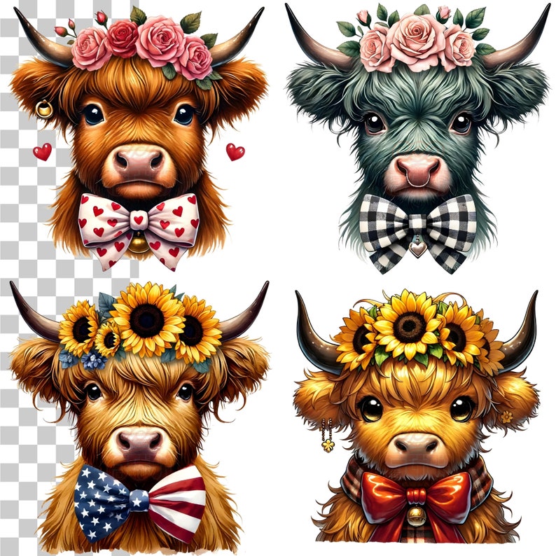 Watercolor Highland Cow Clipart,10 High Quality Png,bow and Flower ...
