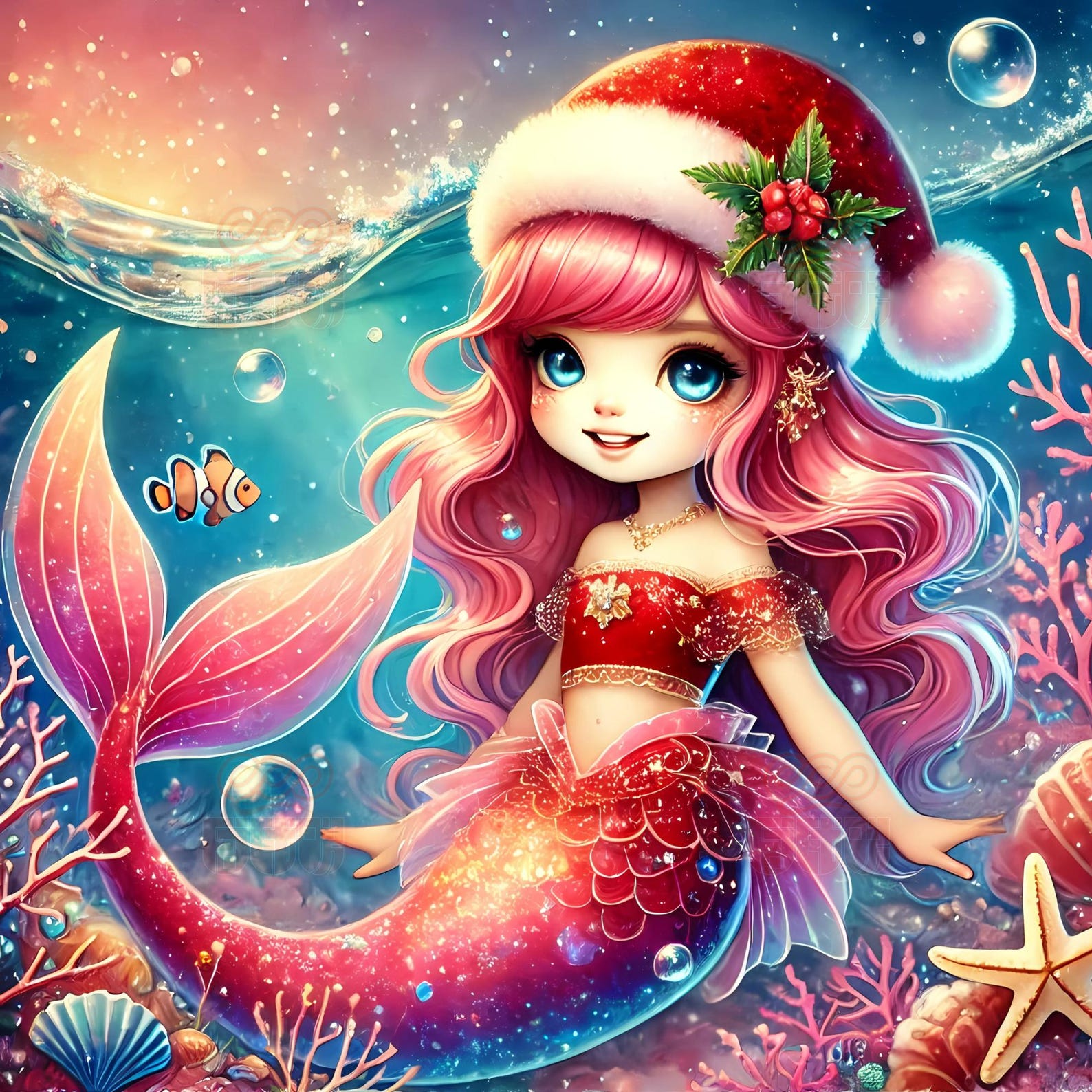 Watercolor Christmas Mermaid Clipart,10 High Quality Jpgs,cute Mermaid ...
