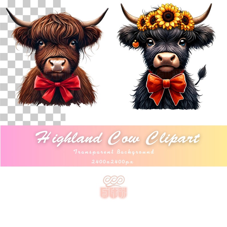 Watercolor Highland Cow Clipart,10 High Quality Png,bow and Flower ...