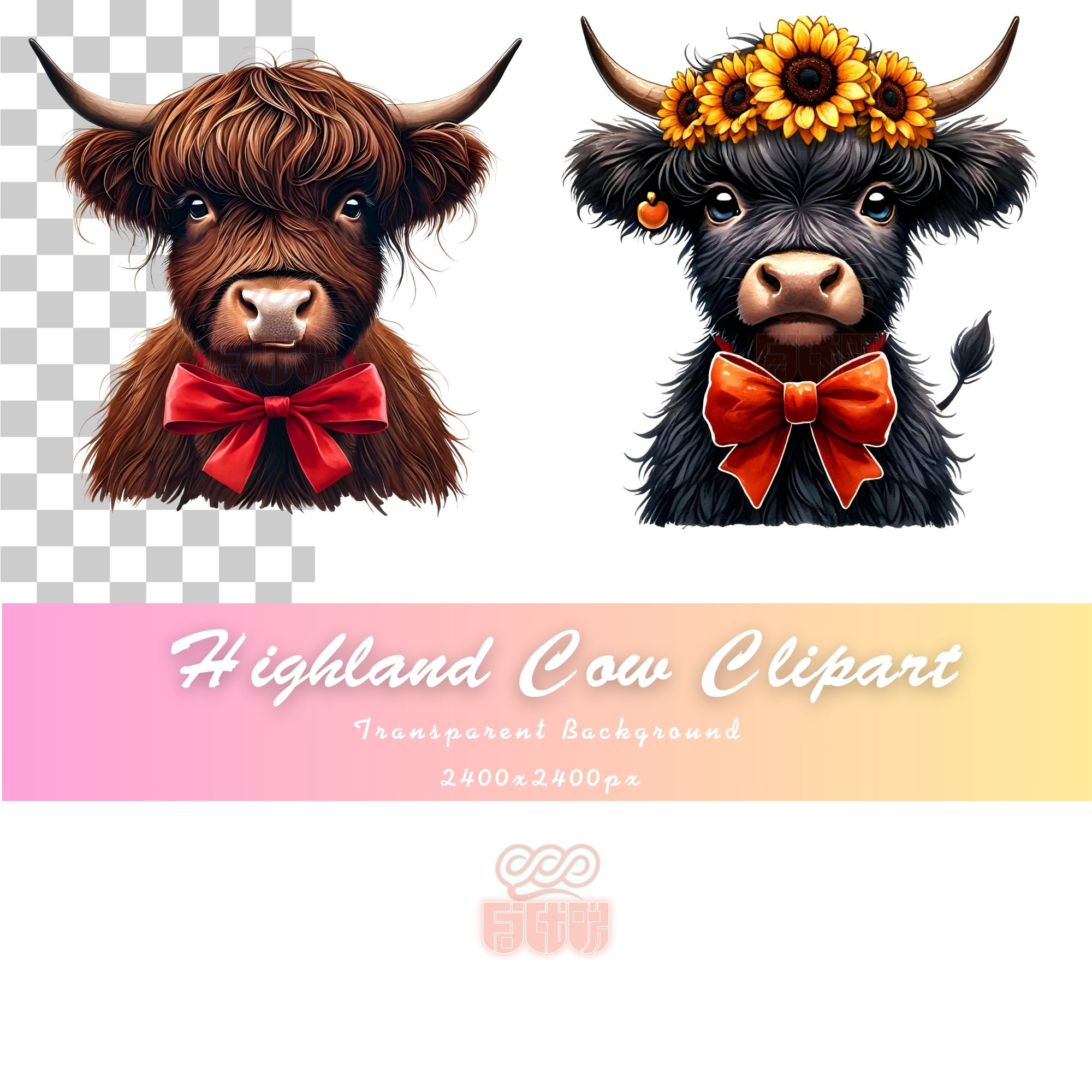 Watercolor Highland Cow Clipart,10 High Quality Png,bow and Flower ...