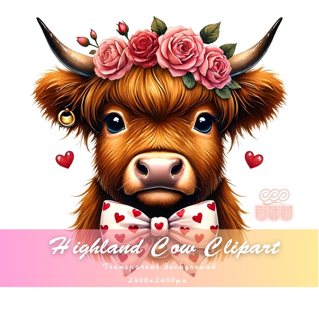 Watercolor Highland Cow Clipart,10 High Quality Png,bow and Flower ...