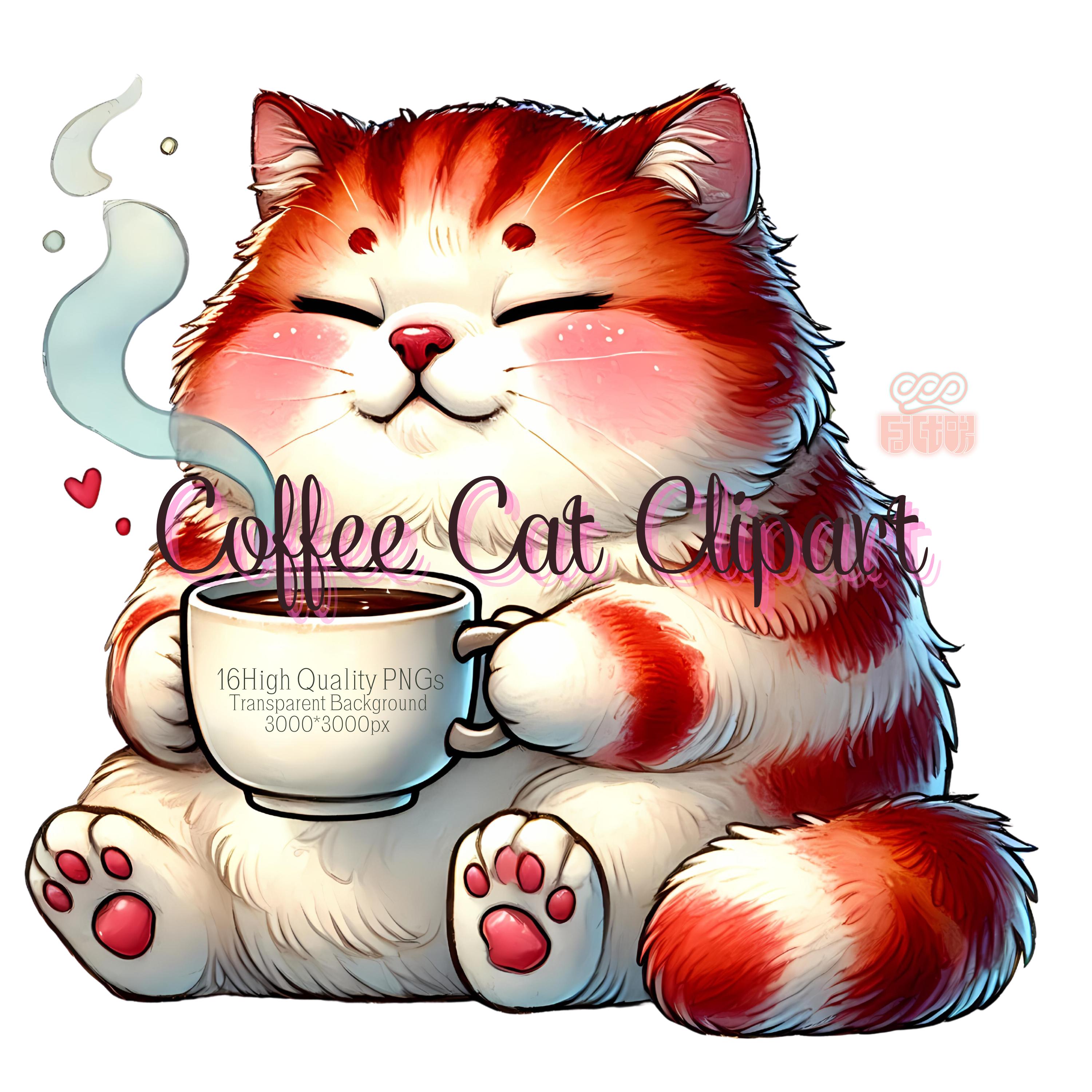 Watercolor Coffee Cat Clipart,16 High Quality Pngs,coffee Cat Png,cute ...
