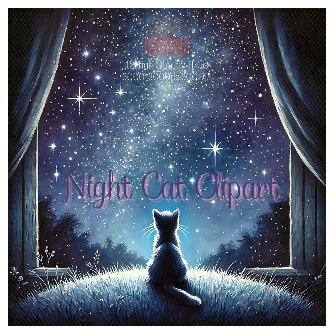 Watercolor Night Cat Clipart,12 High Quality Jpgs,moon Night Cat ...