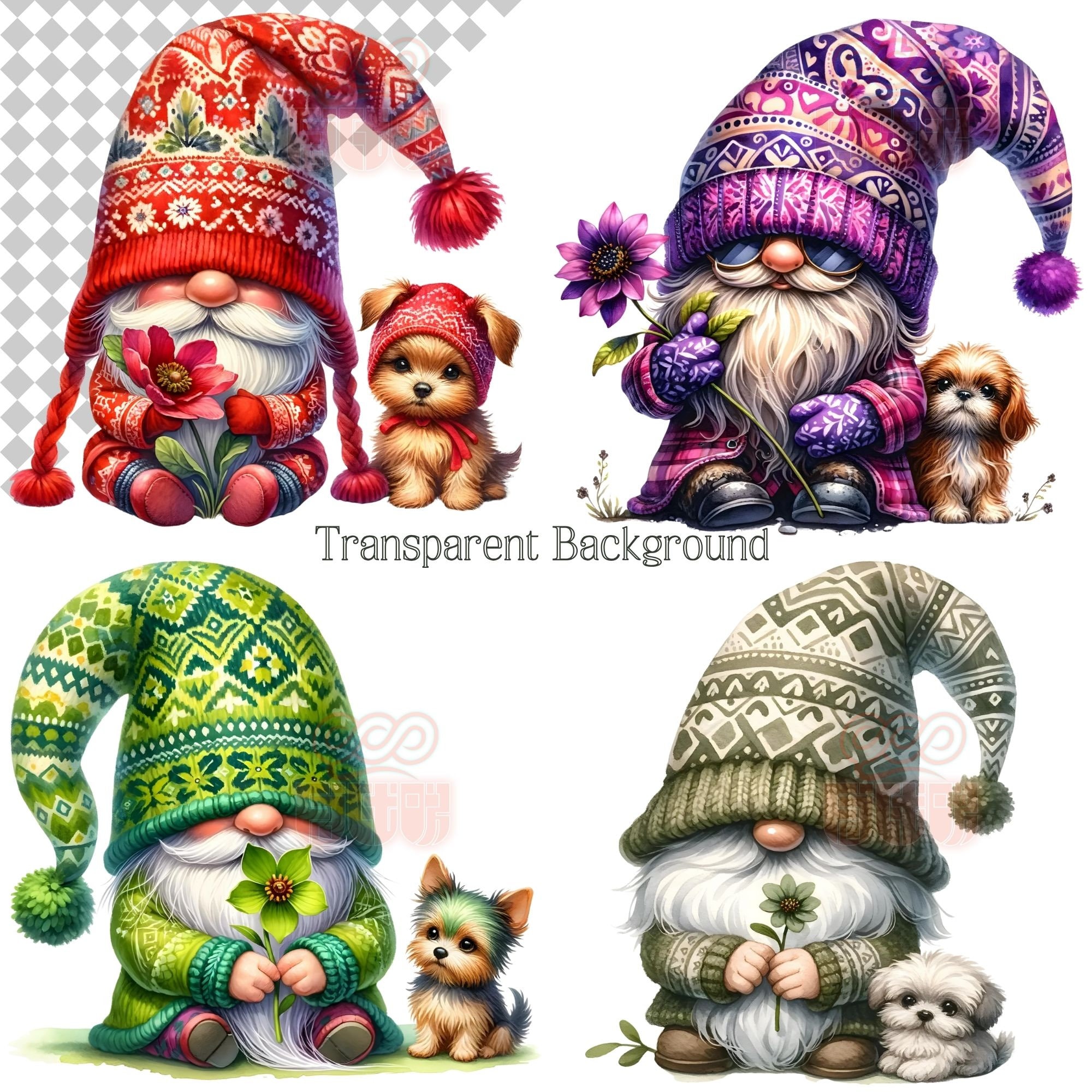 Flower Dog Gnome Clipart, 16 High Quality PNG, Watercolor Gnome Clipart ...