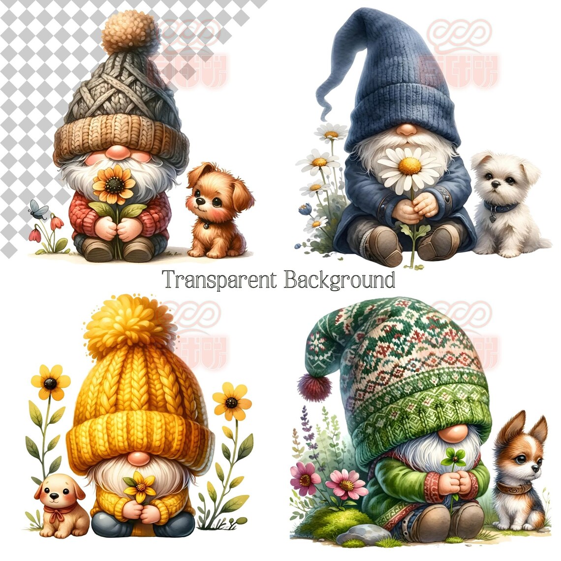 Flower Dog Gnome Clipart, 16 High Quality PNG, Watercolor Gnome Clipart ...
