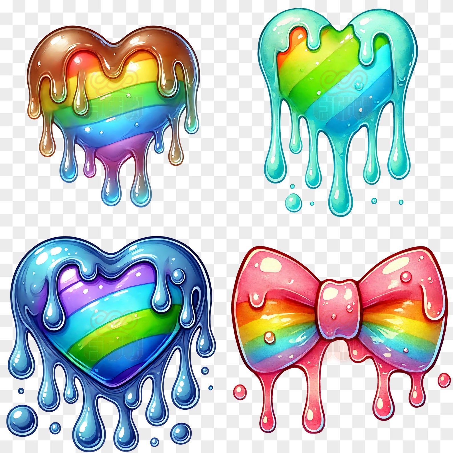 Watercolor Dripping Star Heart and Bow Clipart,16 High Quality Pngs ...
