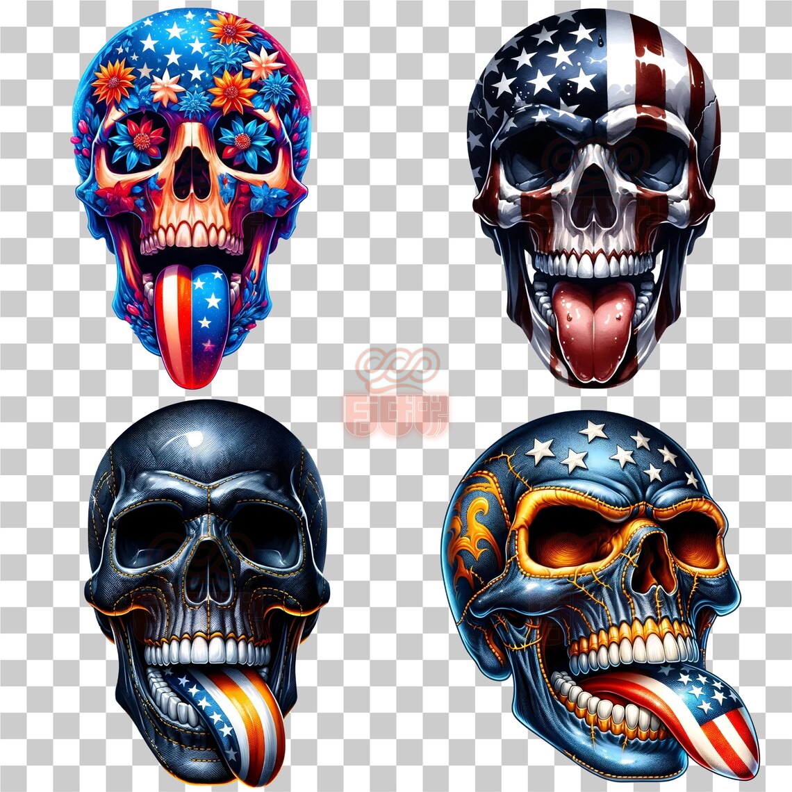 Watercolor Patriotic Skull Clipart,12 High Quality Pngs,patriotic Skull ...