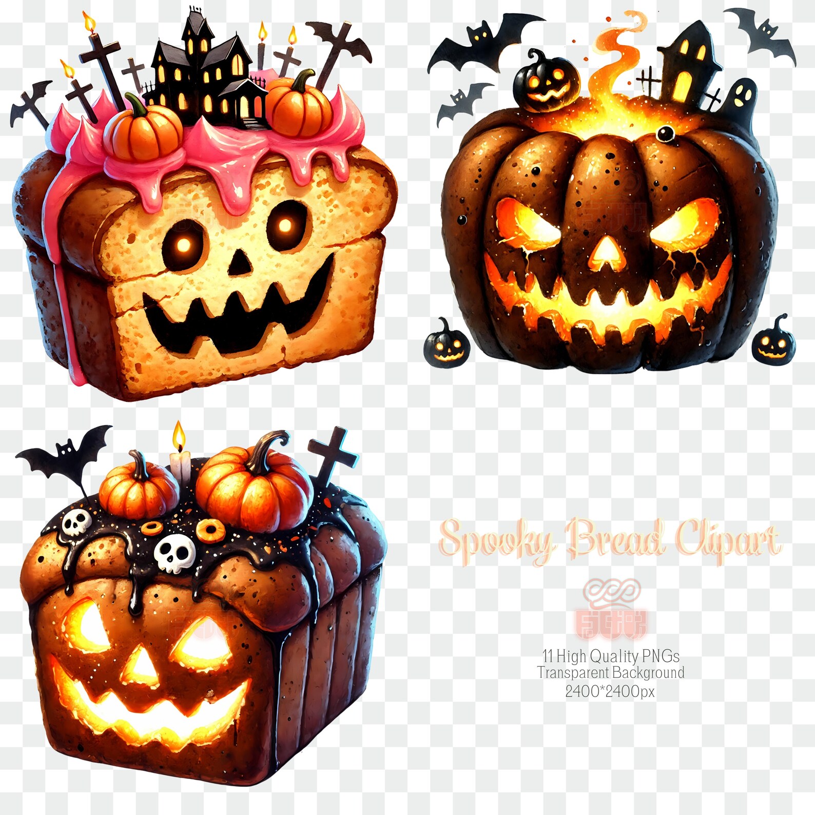 Watercolor Spooky Halloween Bread Clipart,11 High Quality Pngs ...