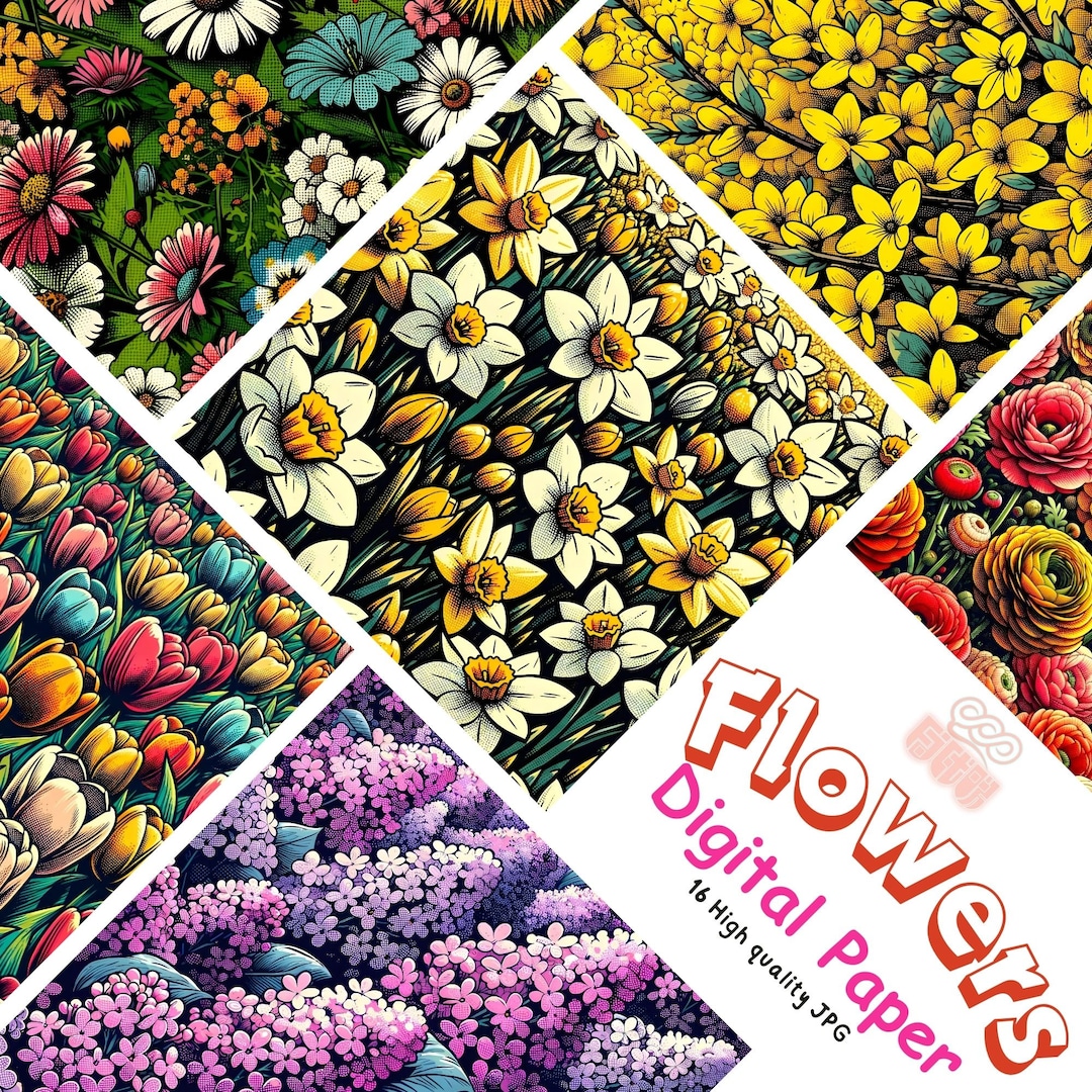 Flower Digital Paper, Digital Paper, Halftone Flower, Printables ...