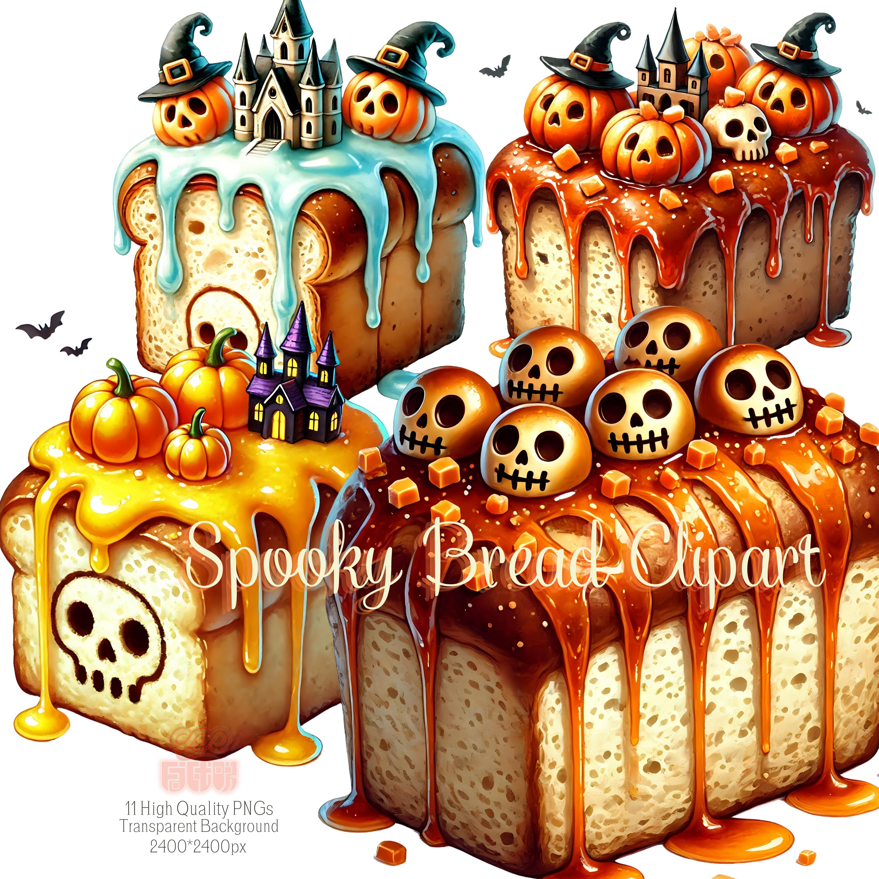 Watercolor Spooky Halloween Bread Clipart,11 High Quality Pngs ...