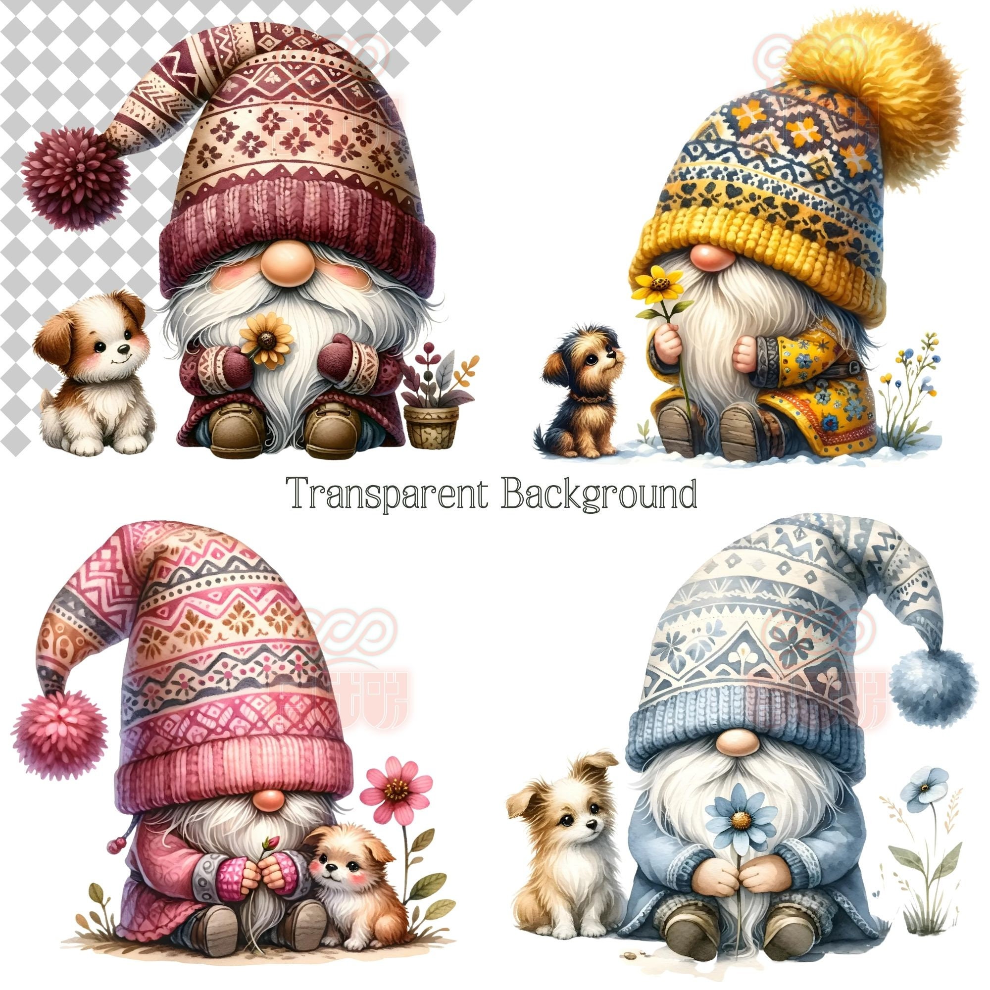 Flower Dog Gnome Clipart, 16 High Quality PNG, Watercolor Gnome Clipart ...