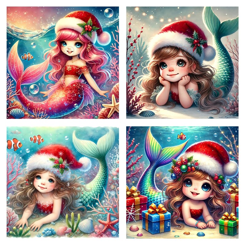 Watercolor Christmas Mermaid Clipart,10 High Quality Jpgs,cute Mermaid ...