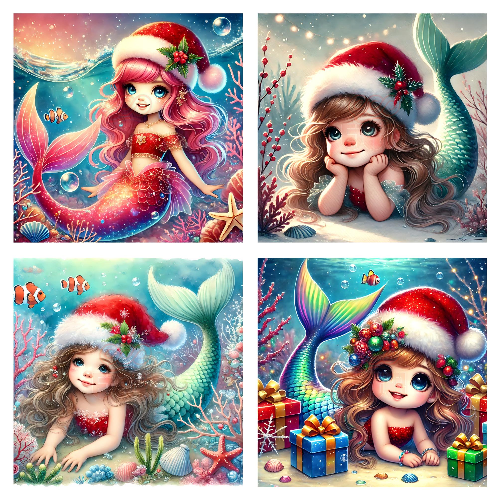 Watercolor Christmas Mermaid Clipart,10 High Quality Jpgs,cute Mermaid ...