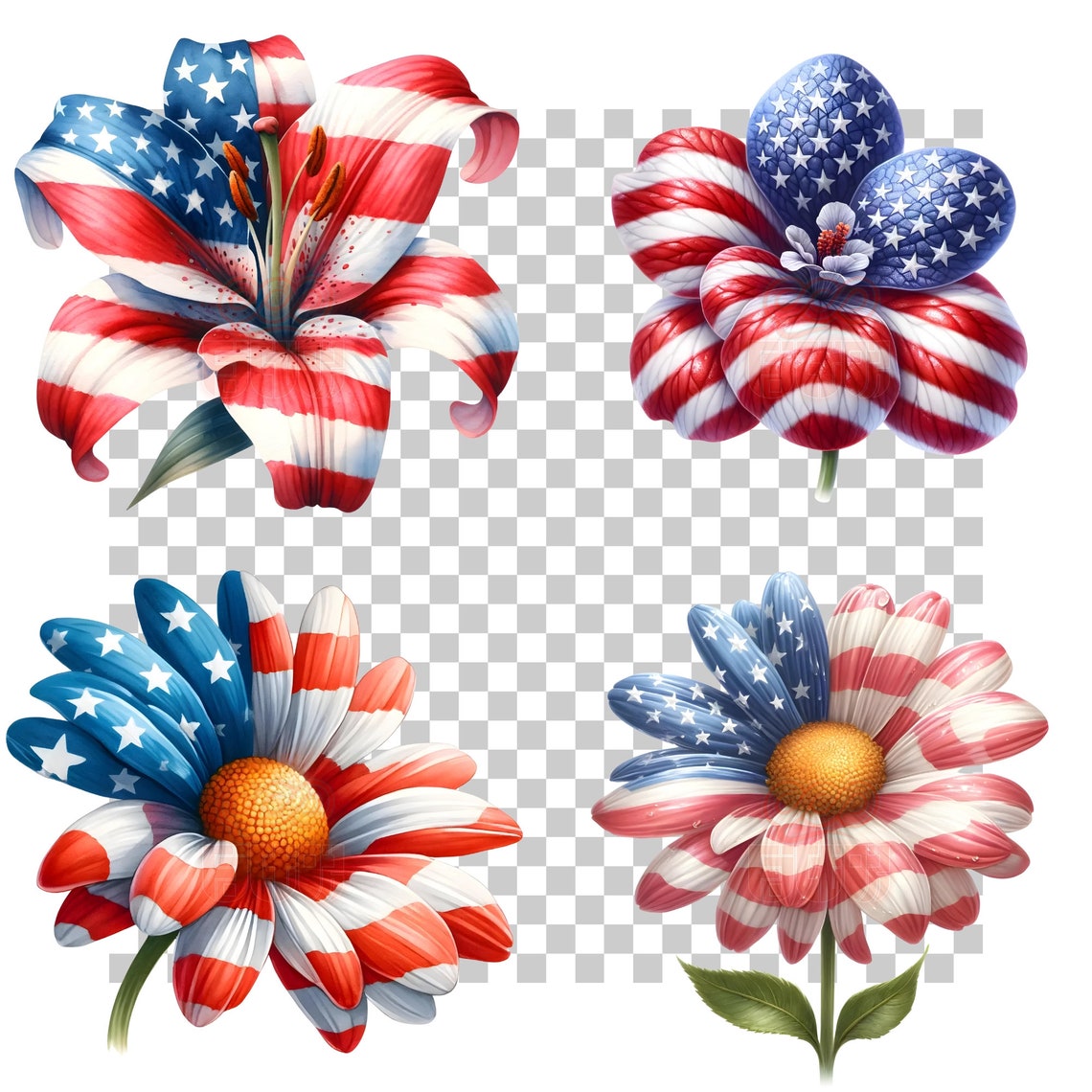 Watercolor Patriotic Flower Clipart, 20 High Quality Pngs, Watercolor ...