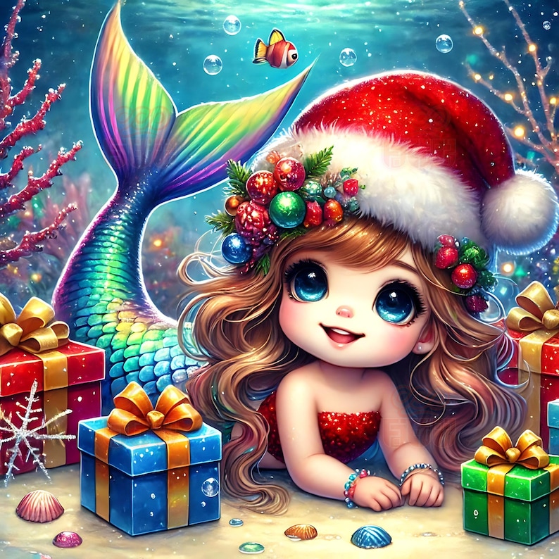 Watercolor Christmas Mermaid Clipart,10 High Quality Jpgs,cute Mermaid ...