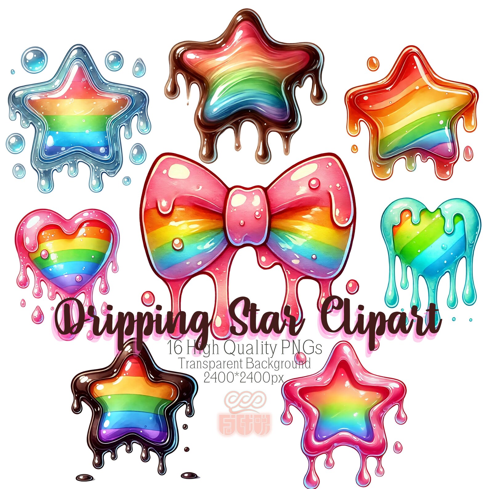 Watercolor Dripping Star Heart and Bow Clipart,16 High Quality Pngs ...