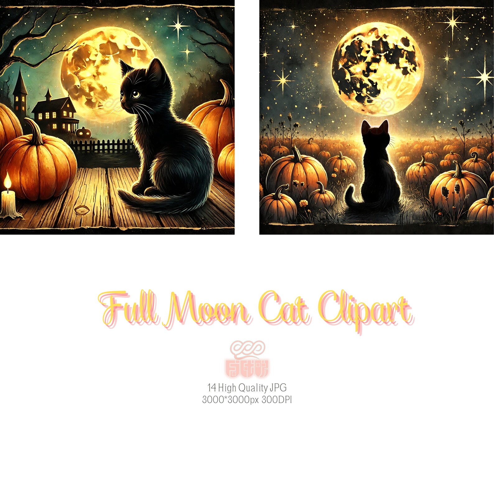 Watercolor Full Moon Cat Clipart,14 High Quality Jpg,full Moon Kitten ...