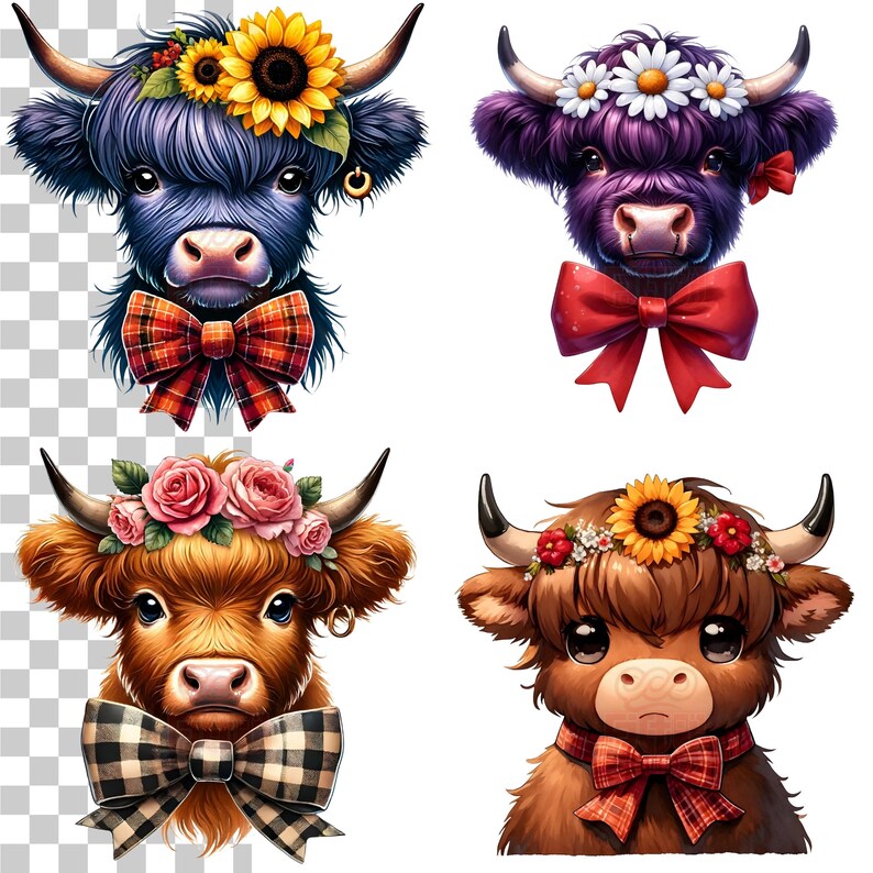 Watercolor Highland Cow Clipart,10 High Quality Png,bow and Flower ...
