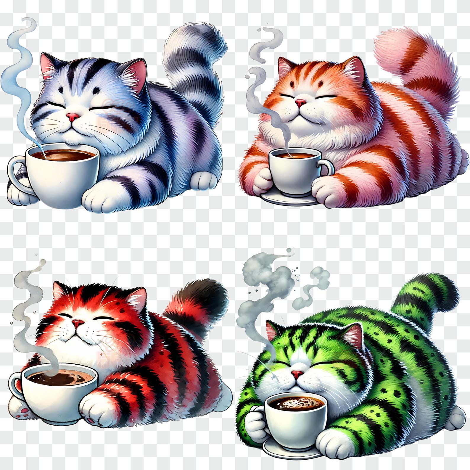 Watercolor Coffee Cat Clipart,16 High Quality Pngs,coffee Cat Png,cute ...