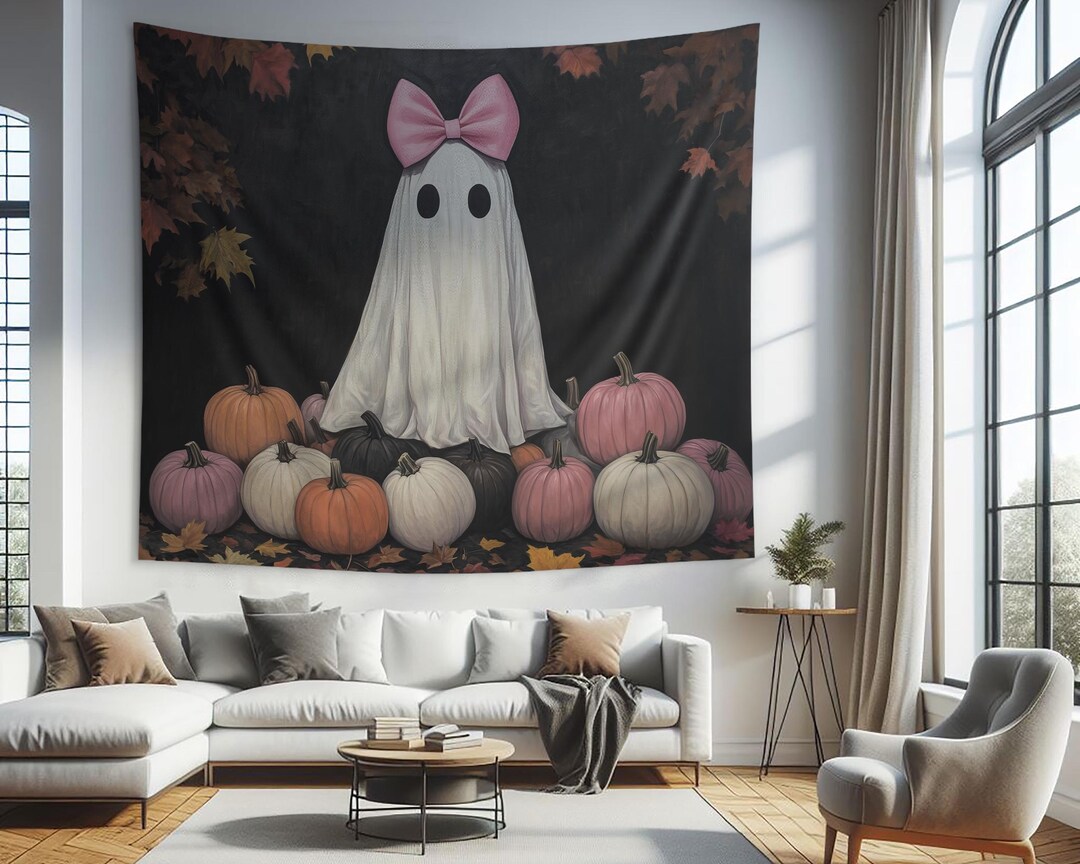 Ghost With Pink Bow Halloween Wall Tapestry | Pastel Pumpkins Decor ...