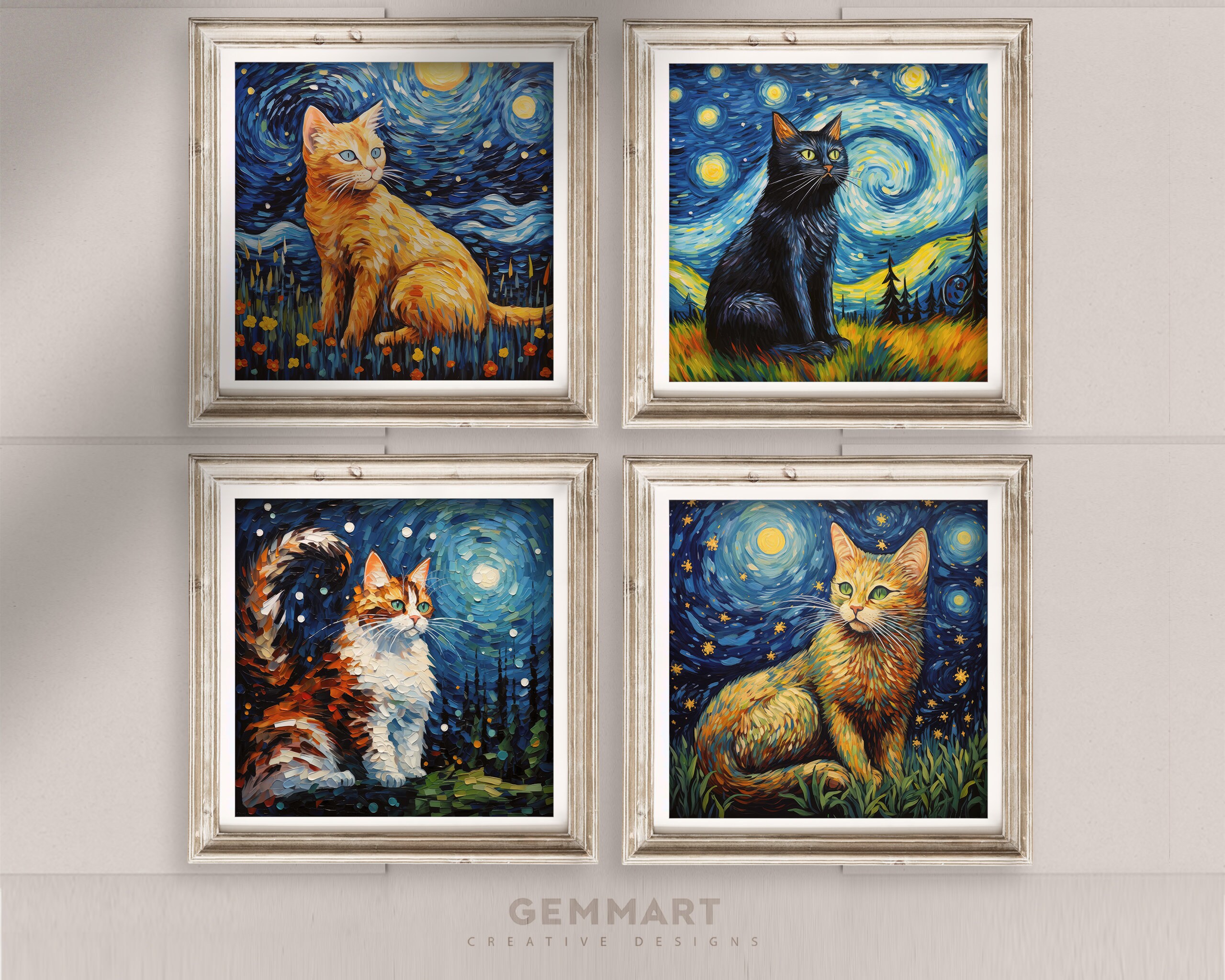 Starry Night Cats Set of 5 Cat Cat Canvas Art Prints for - Etsy