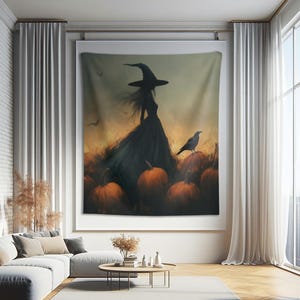 Witch and Pumpkin Field Wall Tapestry | Gothic Dark Fantasy Home Decor ...