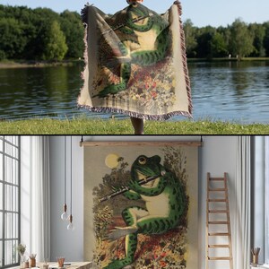 Frog Playing Flute in the Moonlight Woven Tapestry | Vintage Animal ...