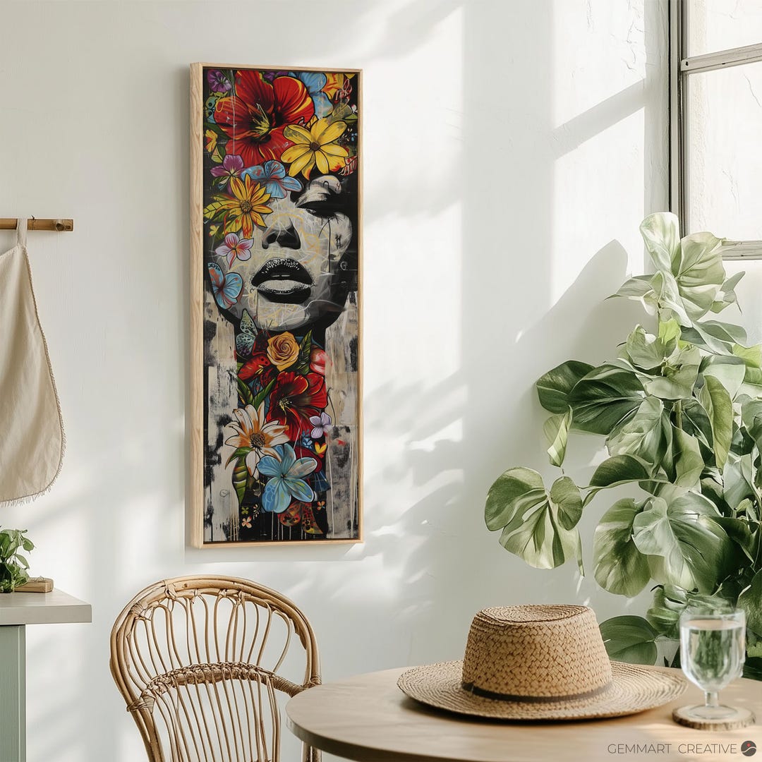 Bold Floral Woman Portrait Tall Canvas Wall Art | Framed Street Art ...