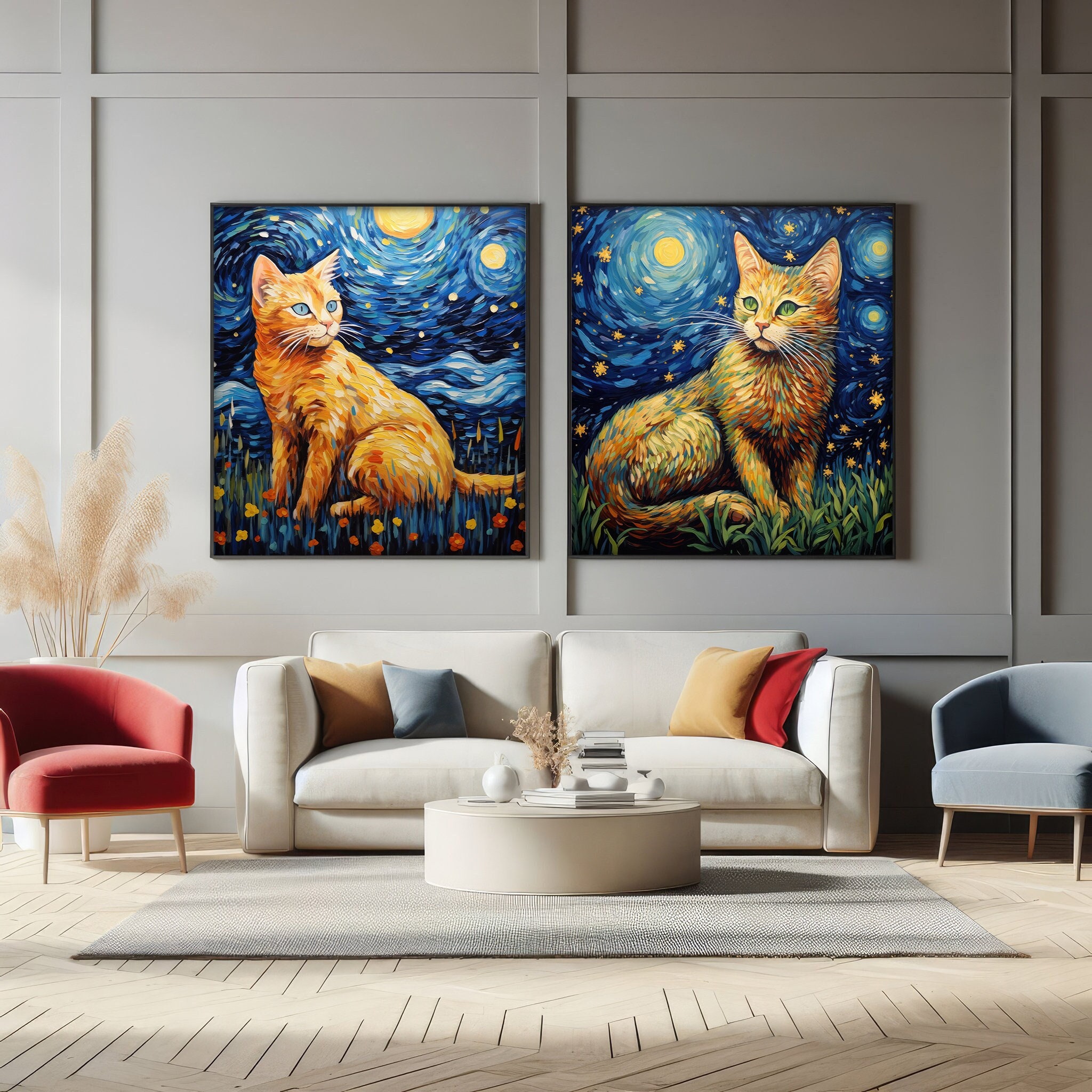 Starry Night Cats Set of 5 Cat Cat Canvas Art Prints for - Etsy