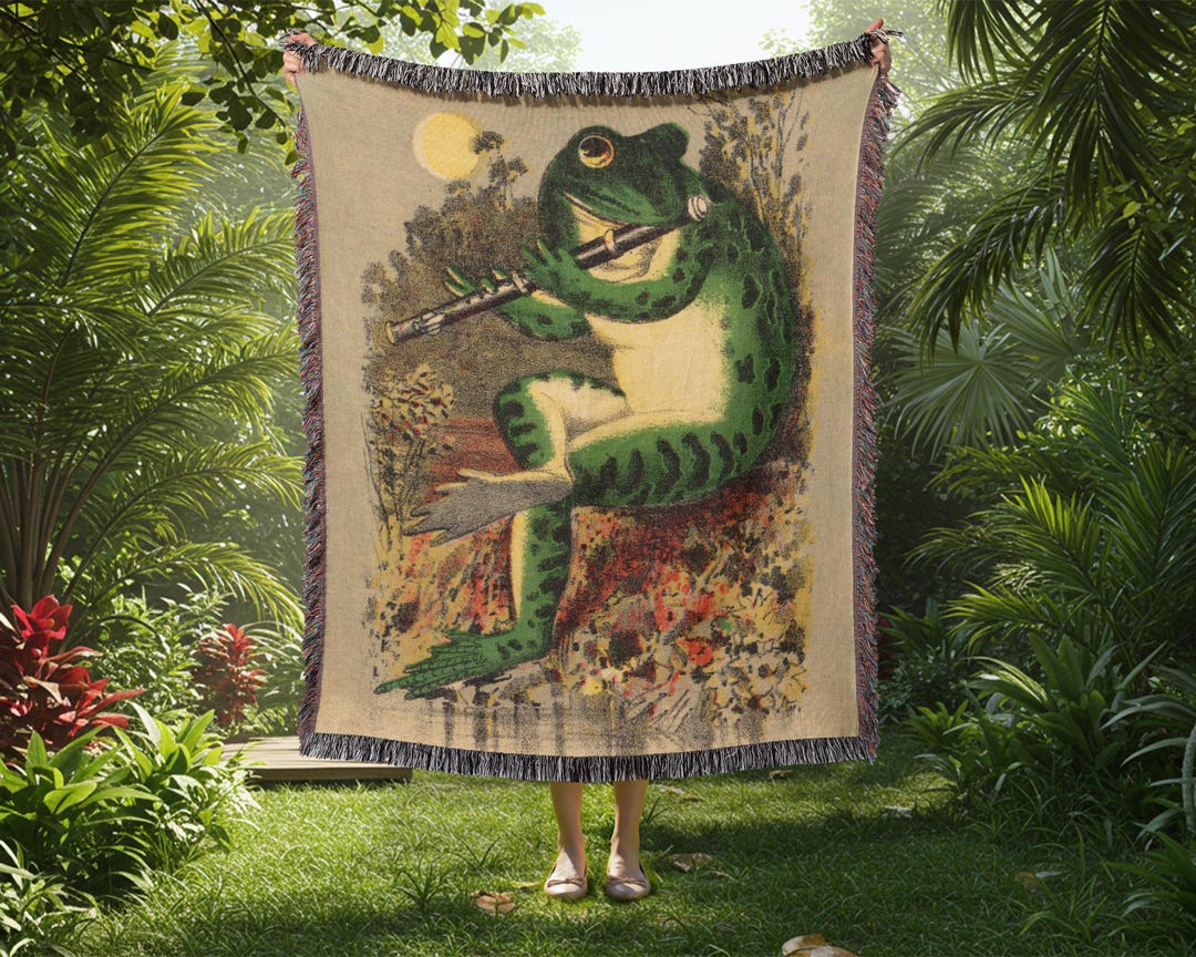 Frog Playing Flute in the Moonlight Woven Tapestry | Vintage Animal ...