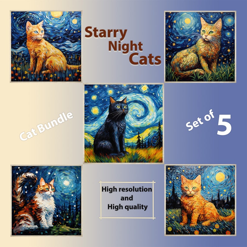 Starry Night Cats Set of 5 Cat Cat Canvas Art Prints for - Etsy