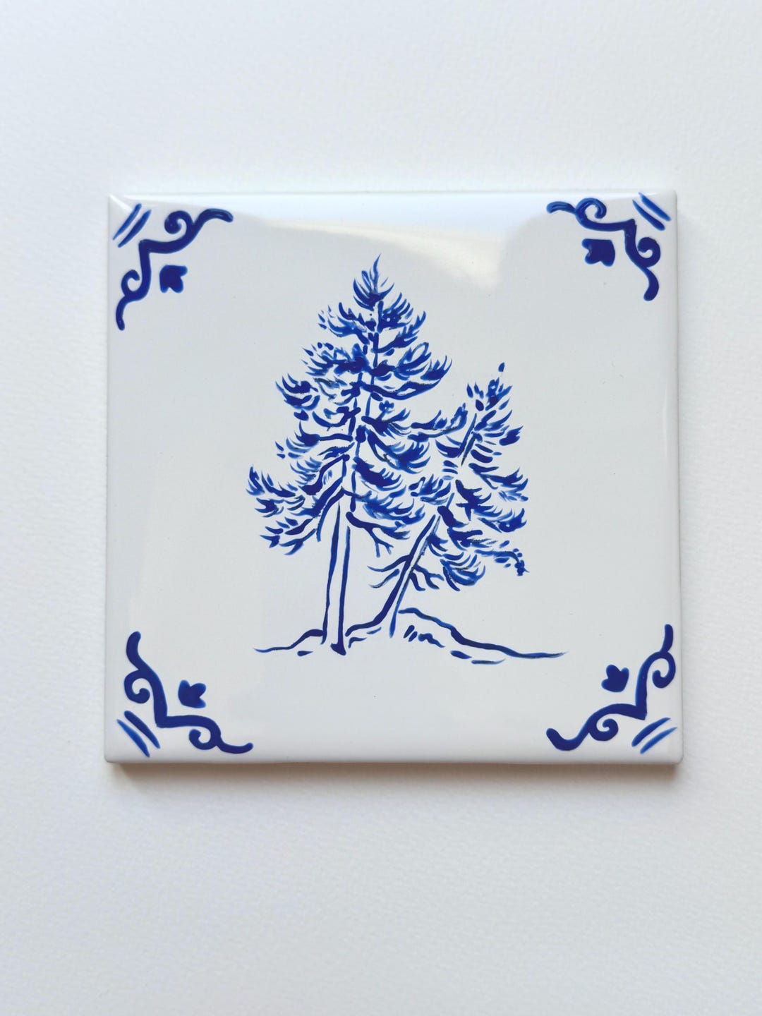 Pine Trees ~ Delft Inspired, Hand-painted Blue and White Tile - Etsy