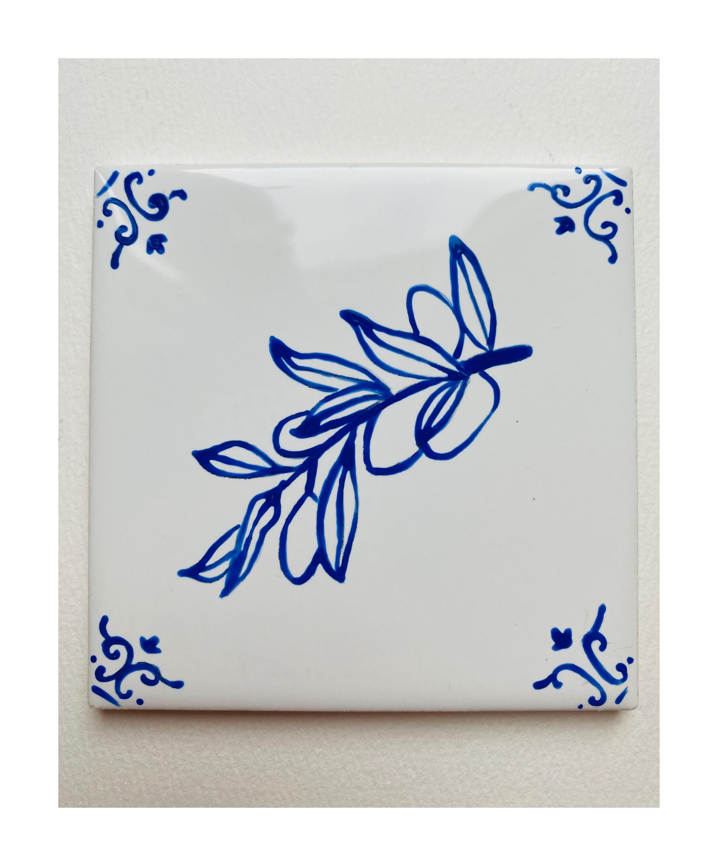 Olive Branch ~ Delft Inspired, Hand-painted Blue and White Tile - Etsy