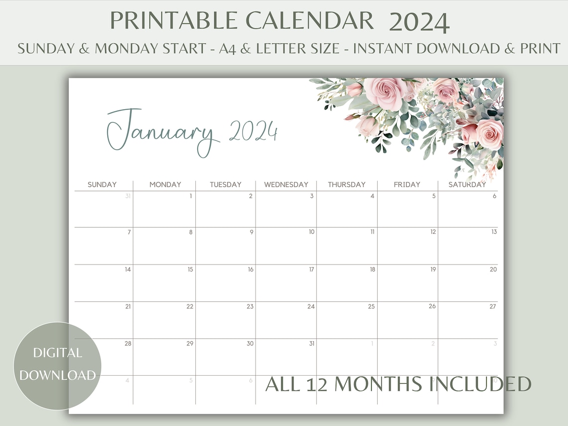 2024 Monthly Calendar Printable, Pretty Petals, Floral Theme, US Letter ...