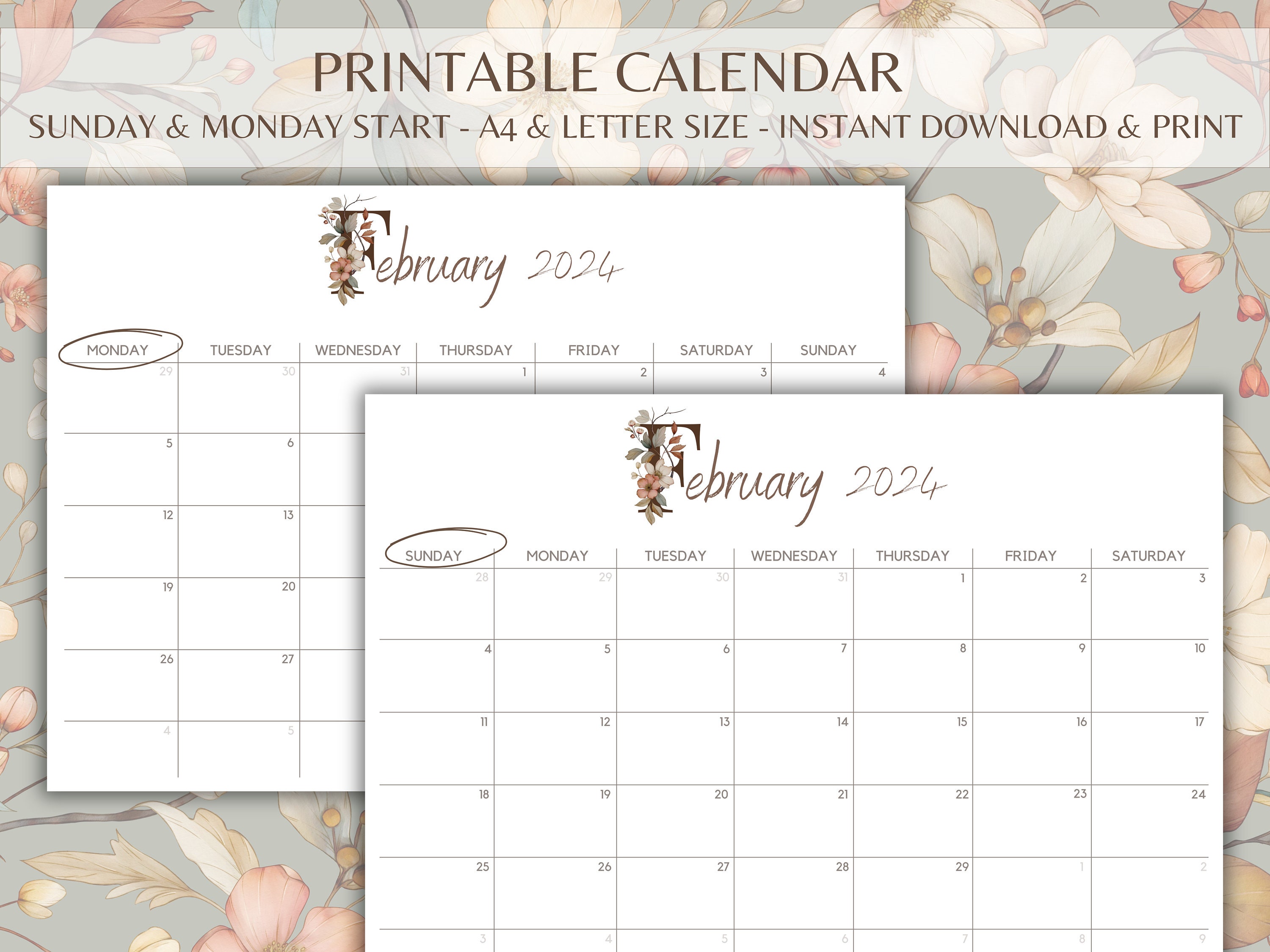 Printable Calendar 2024, Monthly Planner 2024, 12 Month Calendar ...
