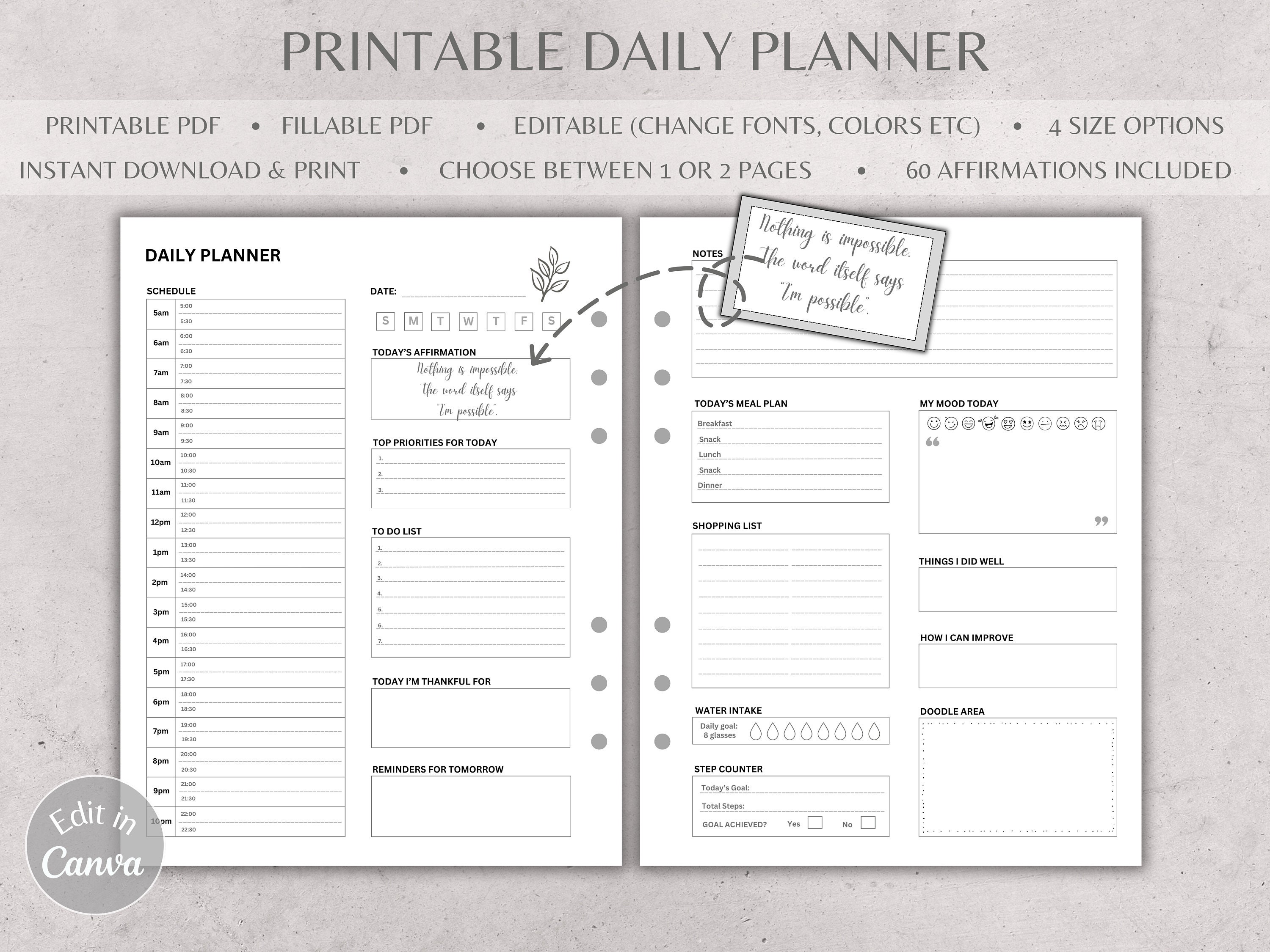 Daily Planner Printable 2 Pages, 24 Hour Daily Planner, to Do List ...