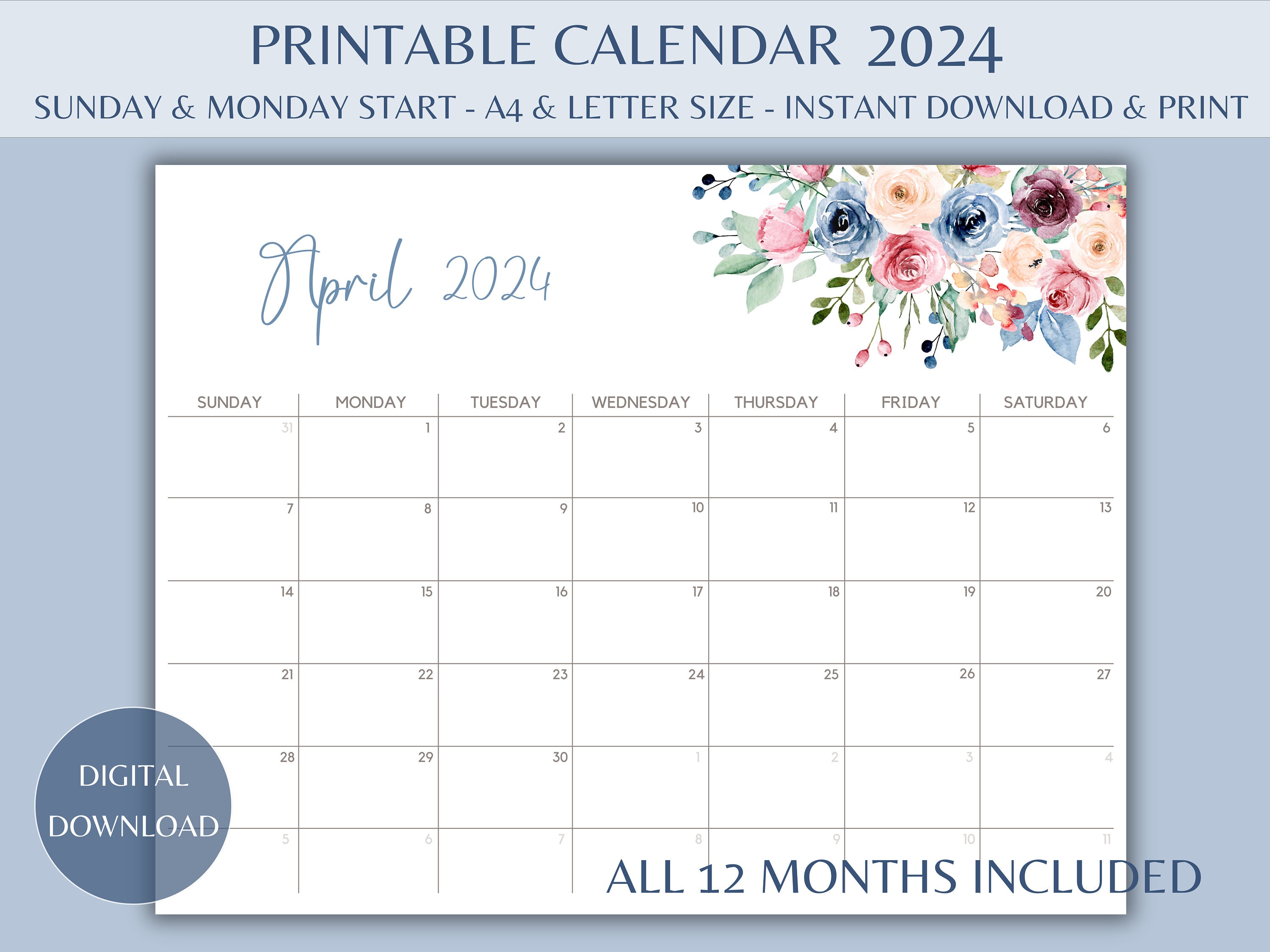 2024 Monthly Calendar Printable, Pretty Petals, Floral Theme, US Letter ...