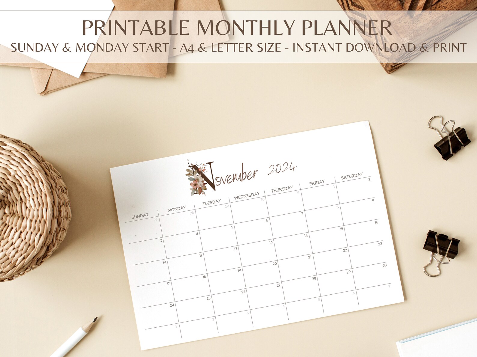 Printable Calendar 2024, Monthly Planner 2024, 12 Month Calendar ...