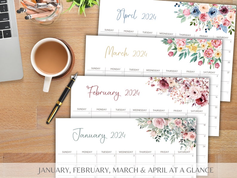 2024 Monthly Calendar Printable, Pretty Petals, Floral Theme, US Letter ...