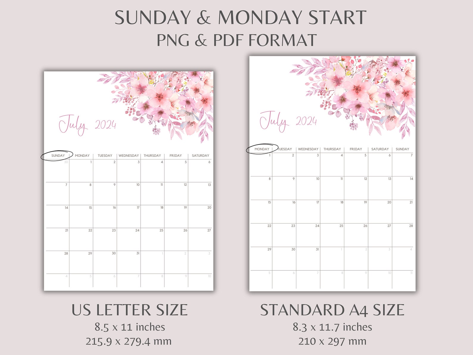 Printable Calendar 2024, Printable Monthly Calendar, Floral Theme, US ...